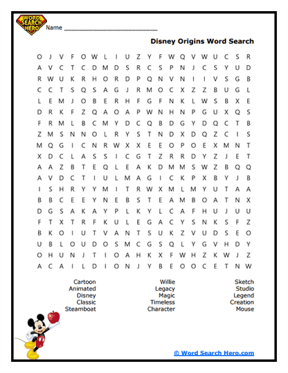 Mickey Mouse Word Searches | Ears & Friends - Word Search Hero.com